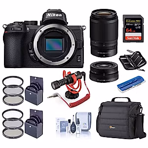 Nikon Z 50 DX-Format Mirrorless Camera Body with NIKKOR 16-50mm f/3.5-6.3 and 50-250mm F/4.5-6.3 VR Lens, Audio Bundle with Rode Mic, Case, 64GB SD Card, Filter Kits and Accessories