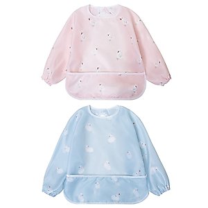 Little Dimsum Mess-Proof Baby Bibs|Infant Toddler Long Sleeve Waterproof Feeding Art Smock|Catching Food & Wipe Clean| Pack of 2 Colors Duck&sheep