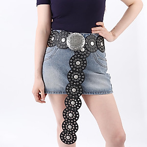 Dazzleimart Hollow Disc Belt Western Style Exaggerated Cowboy Wide Disc Belt Metal Buckle Vintage Soft Belt for Women (Black Silver-A, 101cm/39.7in)