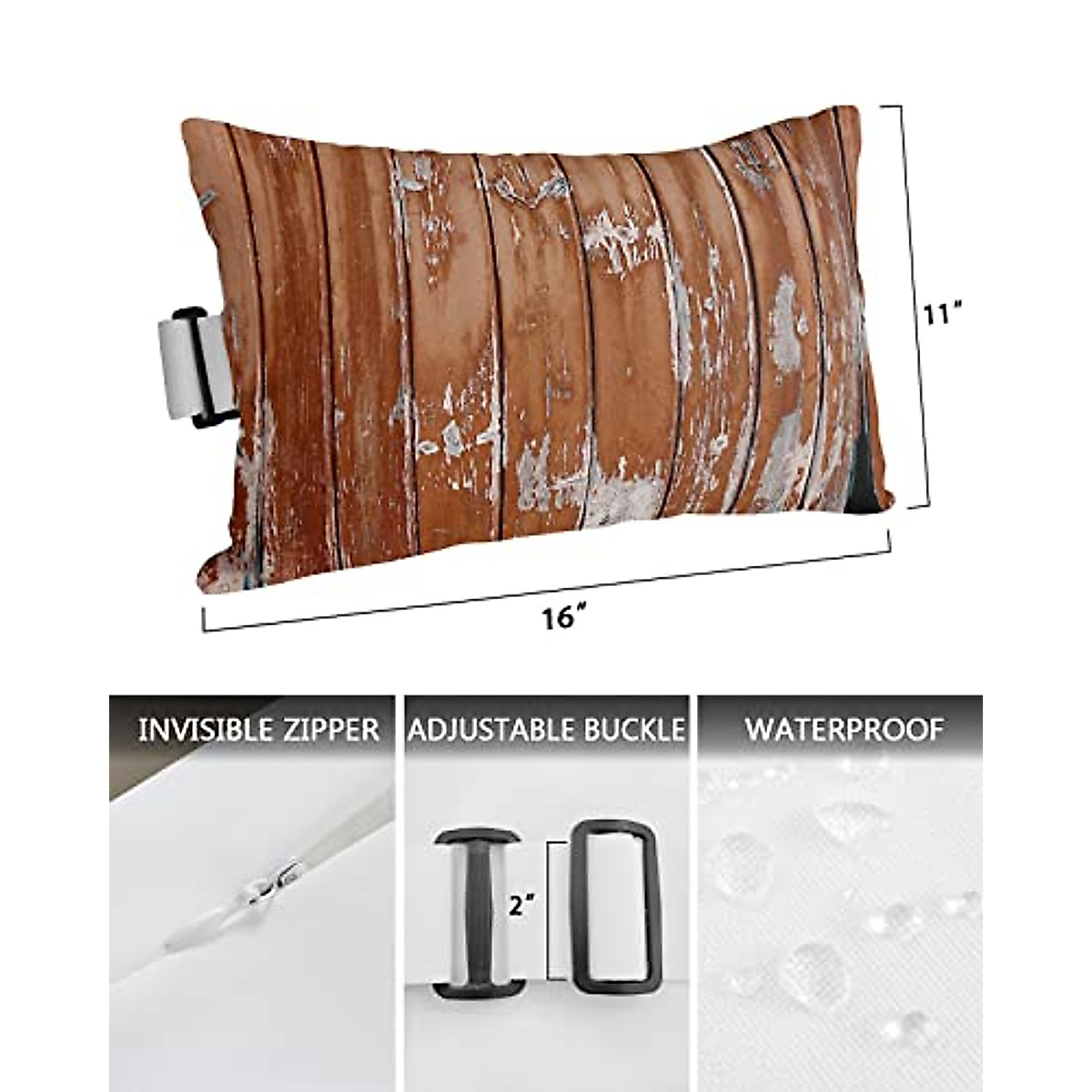 Recliner Head Pillow Ledge Loungers Chair Pillows with Insert Retro Farm Brown Wood Grain Lumbar Pillow with Adjustable Strap Outdoor Waterproof Patio Pillows for Couch Beach Pool Office Chair, 2 PCS