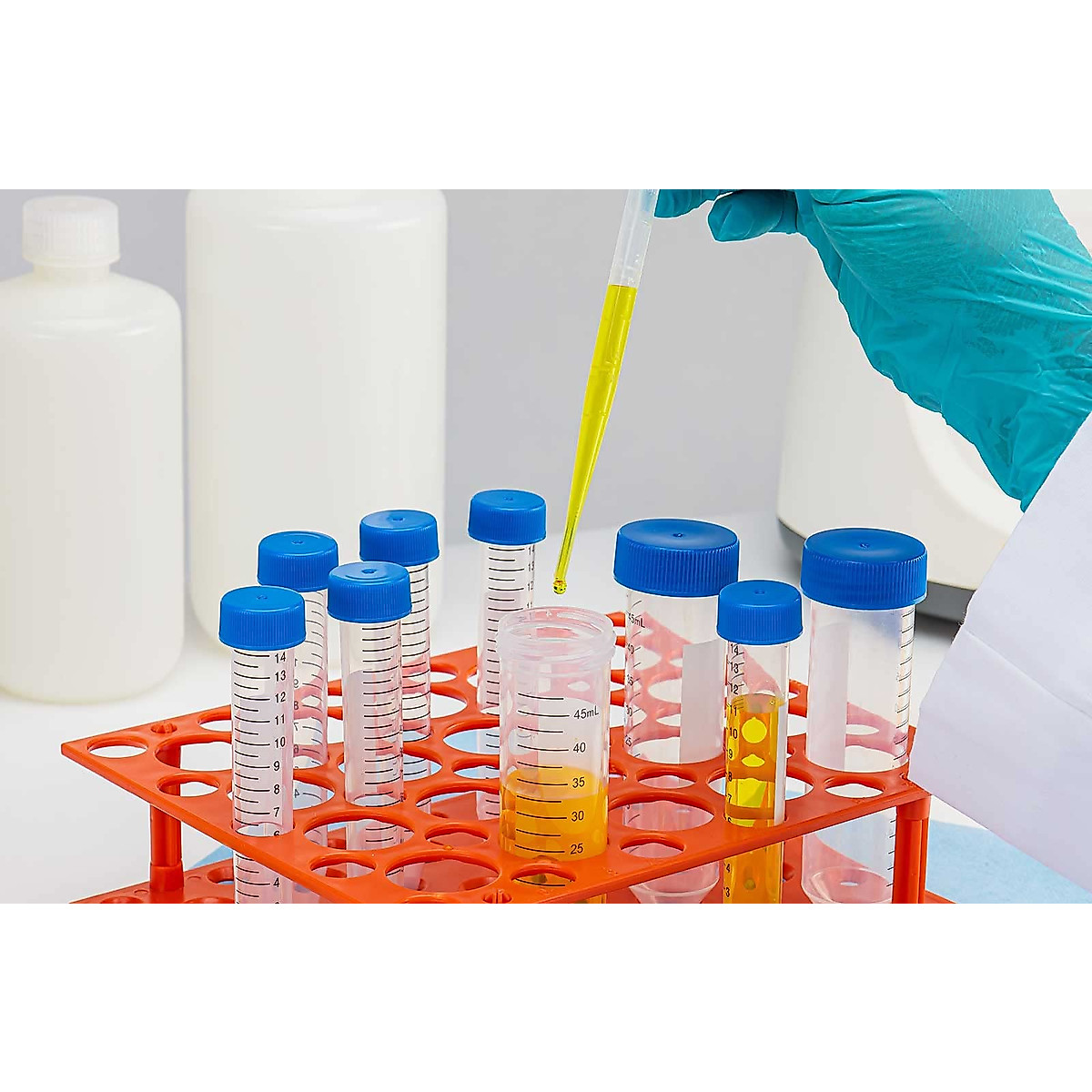 Globe Scientific 6289 Polypropylene Centrifuge Tube with Attached Blue Flat Top Screw Cap, Sterile, Printed Graduation, Rack Pack, 50mL Capacity (Case of 500)