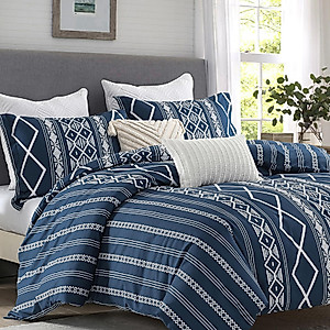 Navy Blue Duvet Cover King - 100% Cotton Duvet Cover King Size, 3 Pieces Aztec Geometric Duvet Cover Set, Super Soft Farmhouse Bedding Duvet Covers for All Season, 104"x90", No Comforter