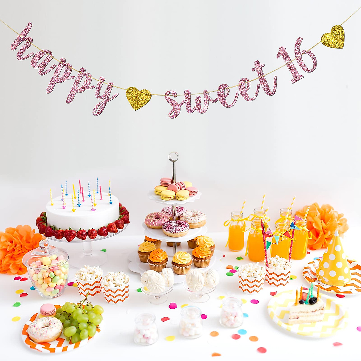 Happy Sweet 16 Banner – Pink Glitter Sweet Sixteen Sign -16th Birthday Banner Decorations - Milestone Happy Birthday Decorations