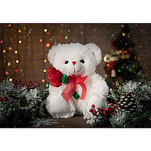 HollyHOME Teddy Bear Stuffed Animal Rose Bear with Red Bow Soft Plush Toy Holiday Valentine's Day Gift 12 Inches White