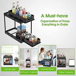 Under Sink Organizer with Dual Sliding Drawers, 2 Tier Under Kitchen Sink Organizers and Storage with 4 Hooks, Slide Out Under-Sink Storage for Bathroom Organizer, Kitchen Organization (Black)