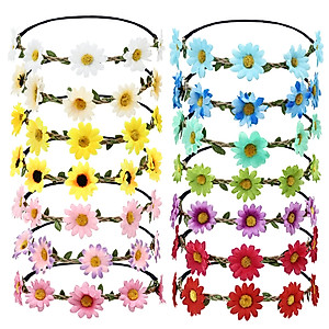 Cinaci 14 Pack Handmade Hawaiian Beach Bohemian Boho Adjustable Sunflower Flower Crowns Headbands Wreath Tiara Garland Wedding Party Headpieces for Women Girls Brides Bridesmaids Teens