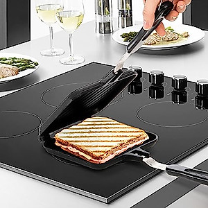 Elsjoy Non-Stick Hot Sandwich Panini Maker with Handle, Aluminum Double Sided Frying Pan Detachable Grilled Sandwich Flip Pan, Stovetop Toasted Sandwich Maker Pan for Home, Kitchen, Breakfast