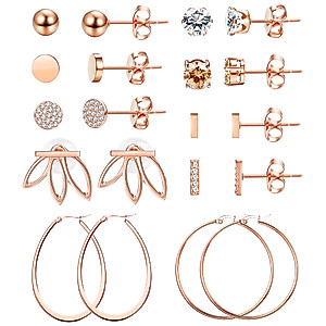 LOYALLOOK 10 Pairs Rose Gold CZ Bar Stud Earrings Set for Women Stainless Steel Earring Lotus Flower Ear Jacket Stud Hoop Earring Women Cartilage Earring Set