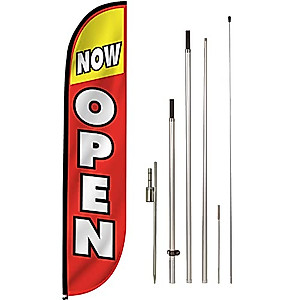 LookOurWay Feather Flag Set - 12 Feet Tall Advertising Flag Banner with Fiberglass Pole Kit and Rotating Ground Spike for Business Promotion - Grand Opening Theme - Now Open Red and Yellow