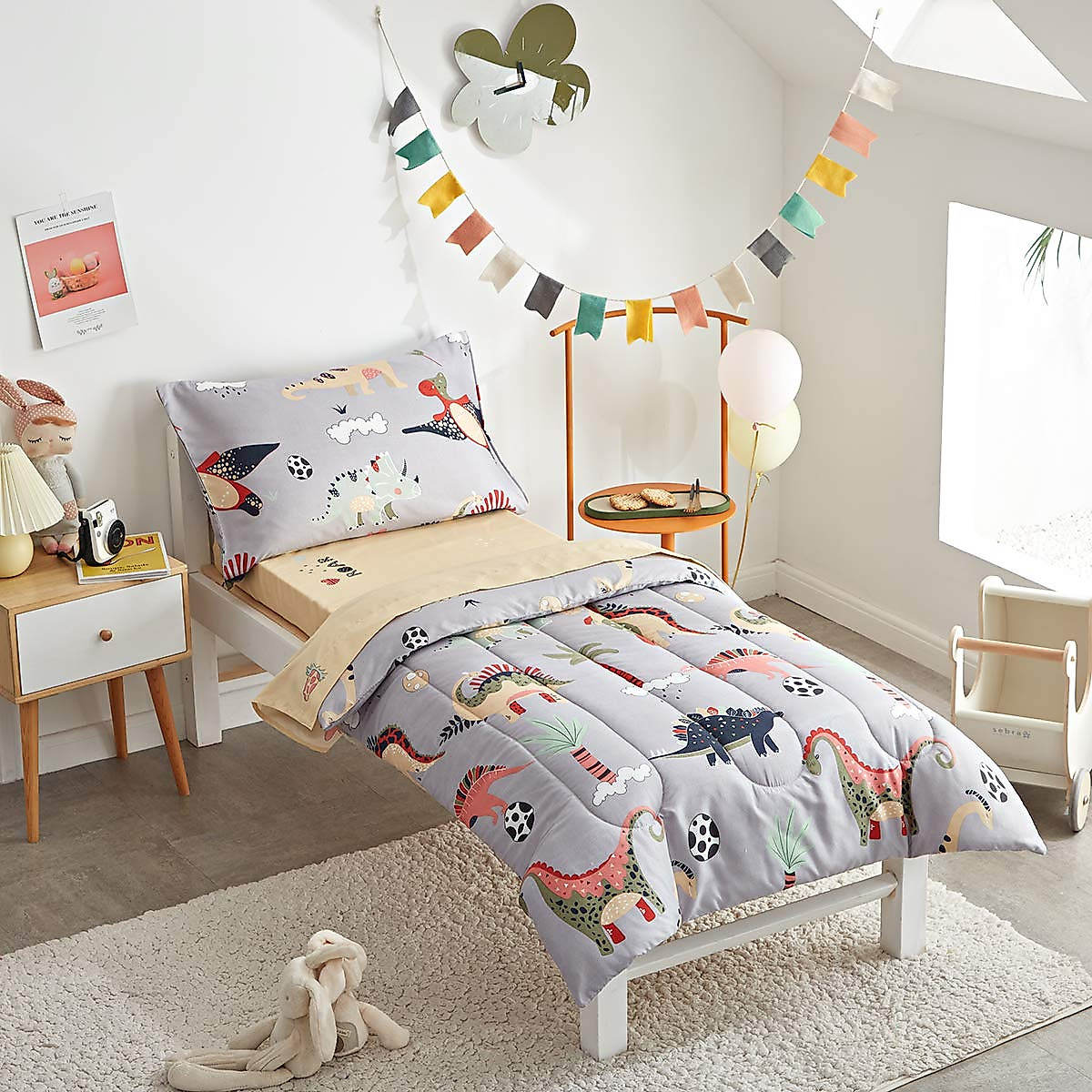 UOZZI BEDDING 4 Piece Gray Dinosaurs Toddler Bedding Set with Colorful Dinos Boys Bed Comforter Sheet Set