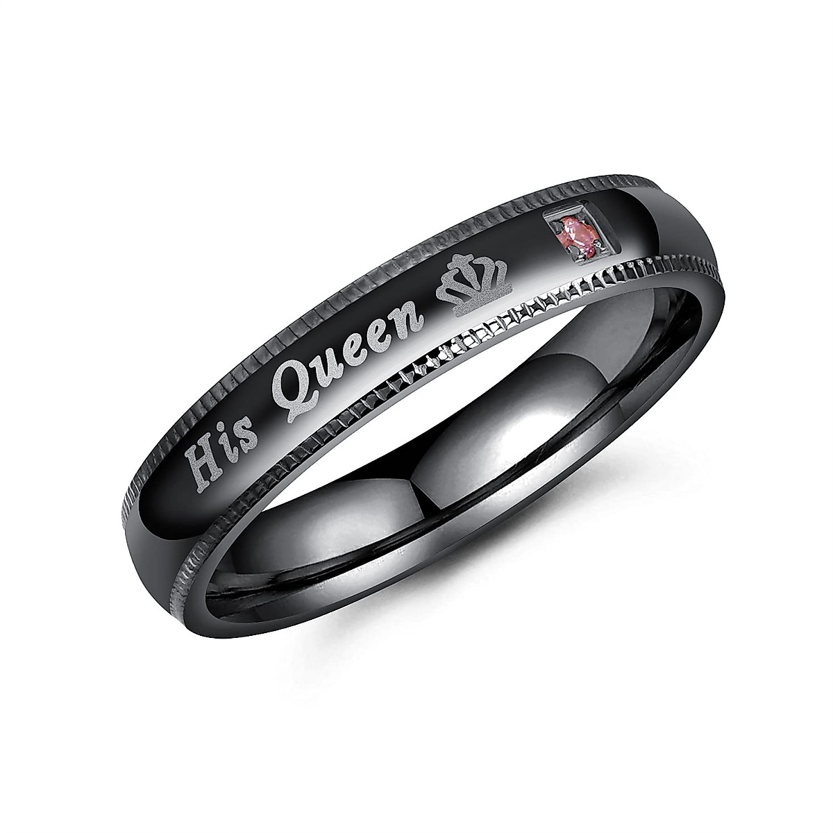 2Pcs His and Her Couples Rings Set His Queen Her King Rings Stainless Steel Wedding Engagement Band Matching Promise Rings for Couple (Black, Men Size 9 & Women 8)