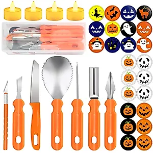 Pumpkin Carving Kit, 14 PCS Stainless Steel Pumpkin Carving Tools with Halloween Stickers and Candles, Halloween Decorations Gifts for Family DIY, Pumpkin Decorating Kit with Box for Kids and Adults