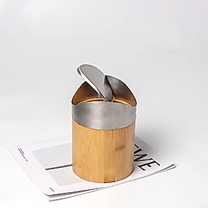 Bamboo Tabletop Trash Can with Lid, Small, Trash Can, Dust Box, Compact, Stylish, Stainless Steel, Bamboo, Natural
