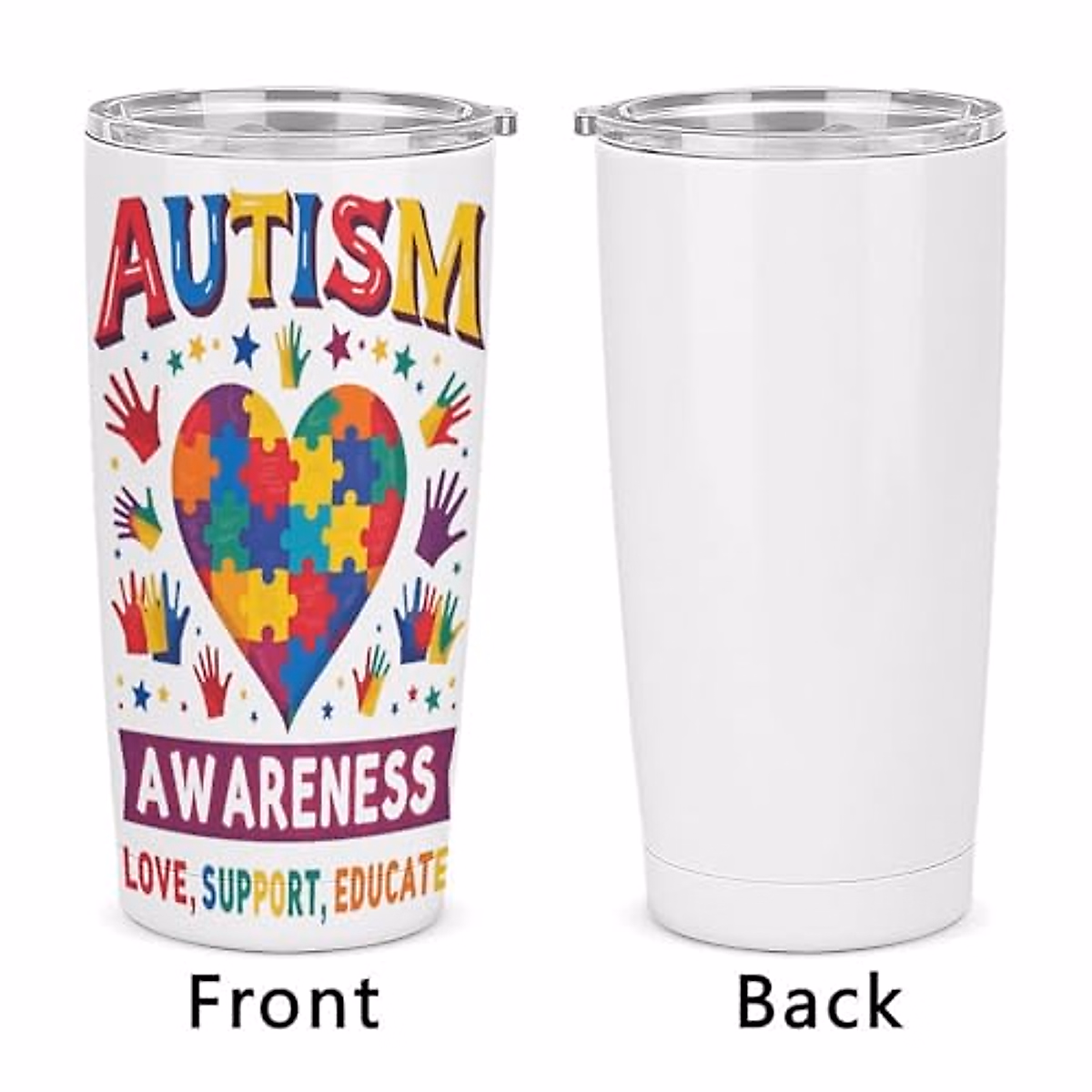 Autism Awareness Heart 20 OZ Stainless Steel Tumbler Travel Car Coffee Mug with Straw Lid Cleaning Brush Coffee Tumbler Mug for Women Men