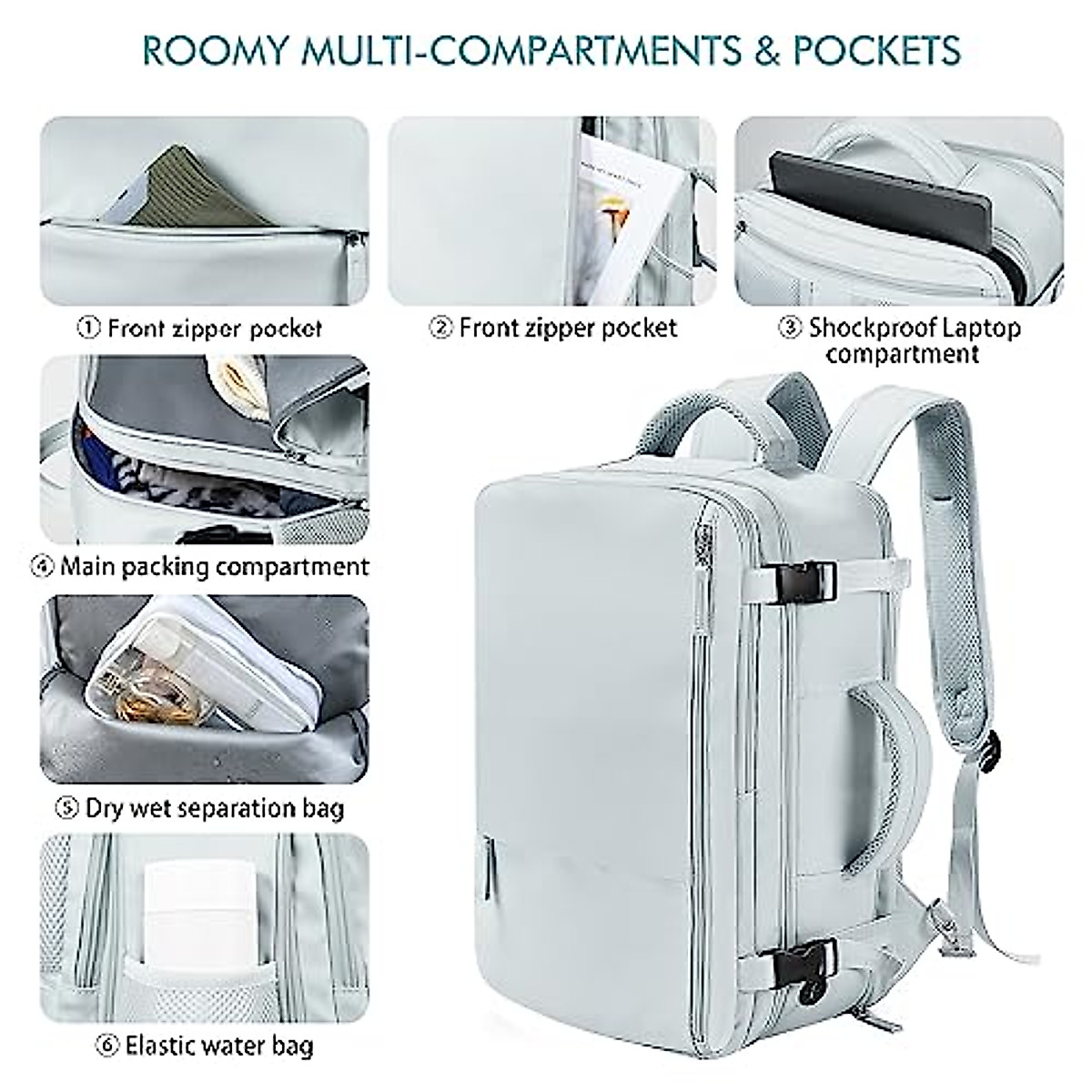 Beraliy Large Travel Backpack, Carry On Backpack, Women Airline Flight Approved luggage,17'' Laptop Backpack, 40L Outdoor Sports Business Hiking Overnight Backpack, Light-blue