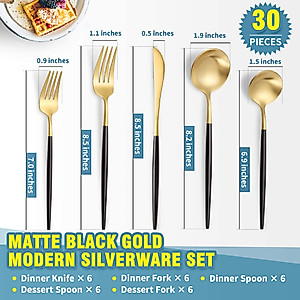 Lemeya Matte Black Gold Silverware Set,Modern Stainless Steel Flatware Set,30 Pieces Cutlery Set Service for 6,Tableware Utensil Set for Home and Restaurant, Satin Finish, Dishwasher Safe