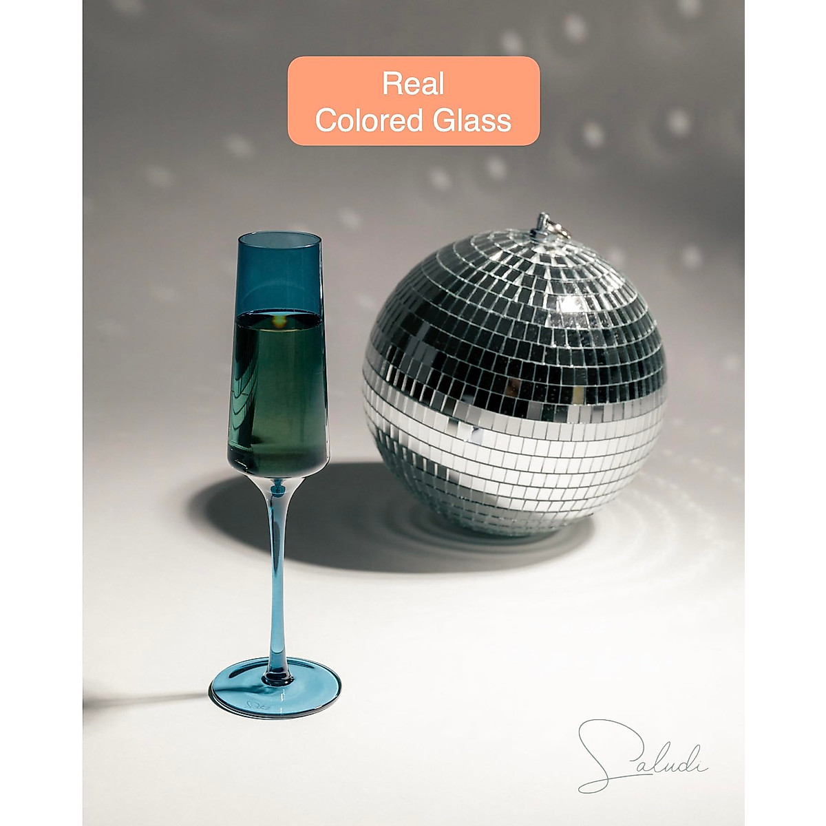 Saludi Colored Champagne Flutes - As Seen on 'Bachelor in Paradise' - 7oz (Set of 6) Stemmed Multi-Color Champagne Glass - Great for All Occasions and Gifts - Luxury, Durable, Hand-Blown