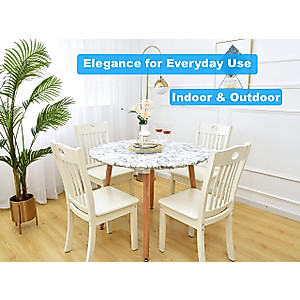 Rally Home Goods Indoor Outdoor Patio Round Fitted Vinyl Tablecloth, Flannel Backing, Elastic Edge, Waterproof Wipeable Plastic Cover, White Marble Pattern for 10-Seat Table of 57-72’’ Diameter