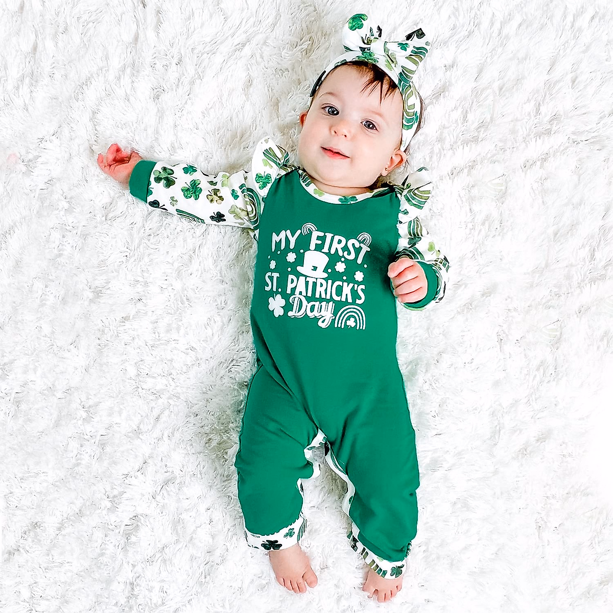 Newborn Baby Girl First 1st St. Saint Patrick's Day Outfits Shamrock Clover Romper Jumpsuit Clothes Set Nb
