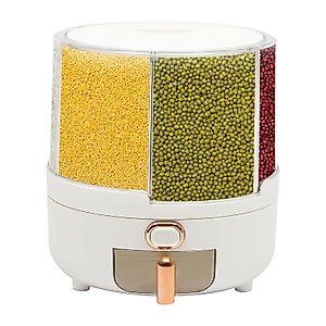 BANLICALI 6 Grid Rice Dispenser, 360° Rotating Dry Rice Dispenser PET PP Kitchen Grain Storage Container with Anti-slip Pads for Store Rice and Beans White+Clear (medium)
