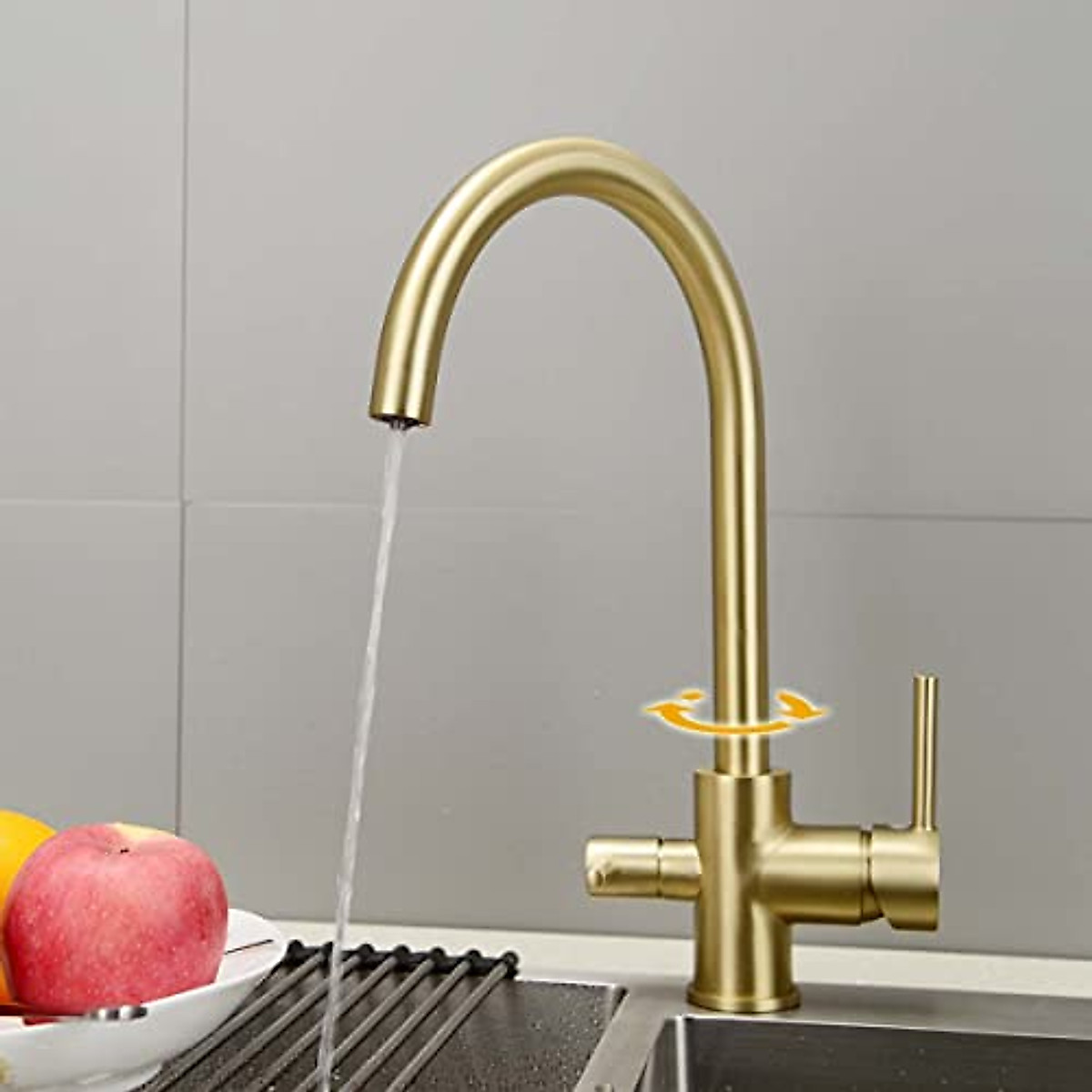 Techzm Tri Flow Water Filtration Kitchen Faucet 3 Way Water Filter Taps Brushed Golden