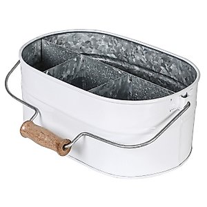 Bedding Craft Farmhouse Utensil Caddy -All Serveware - Galvanized Metal Organizer for Kitchen Counter,Metal Caddy,Wooden Handle Indoor/Outdoor Storage For Flatware, Condiments, Party Cutlery - White