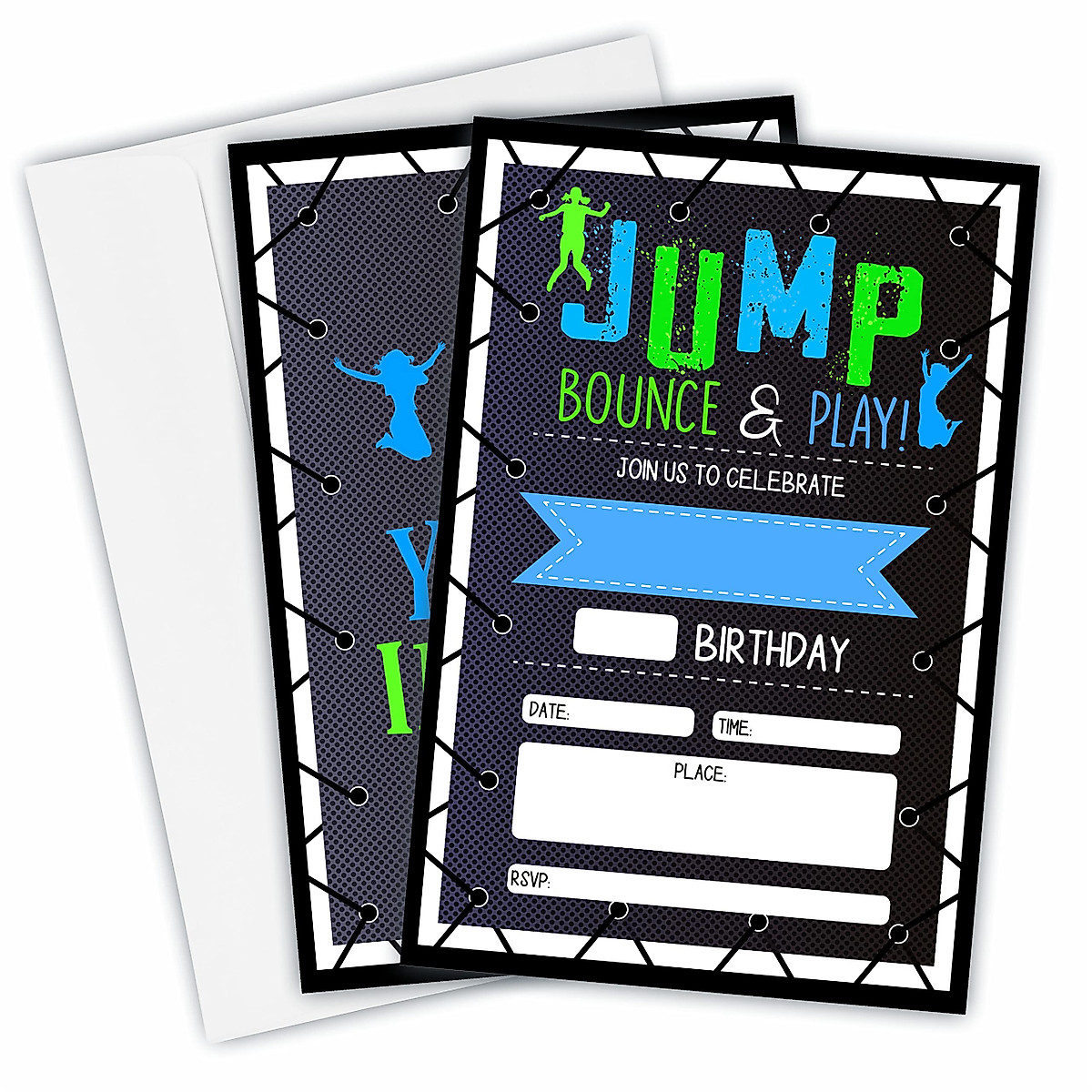 Jump Bounce & Play Birthday Invitations, Trampoline Birthday Party Invites Decorations, Kids Adults Birthday Party And Events Supplies, 20 Fill-In Invites Cards With Matching Envelopes（YQK-B01）