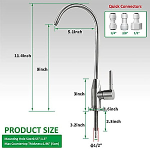 Drinking Water Faucet 100% Lead-Free Kitchen Water Filter Faucet Brushed Finish Cold Water Bar Sink Faucet for Water Purifier Filter Filtration System, 1/4-inch Tube, Stainless Steel