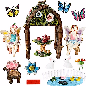 Miniature Fairy Garden Fairies - Fairy Houses Accessories Mini Village Patio Indoor Outdoor Garden Set Kit Decor Flower Succulent Garden for Kids Girl Boy Birthday Gifts Cake Topper Decorations