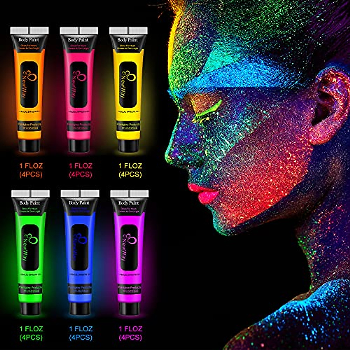 NewWay Glow in the UV Dark Body Paint Luminous Neon Paint, 1 FL.Oz x 24 Pcs in 6 Colors Party Supplies Black light Paint Water Soluble UV Light Makeup for Party Cosplay