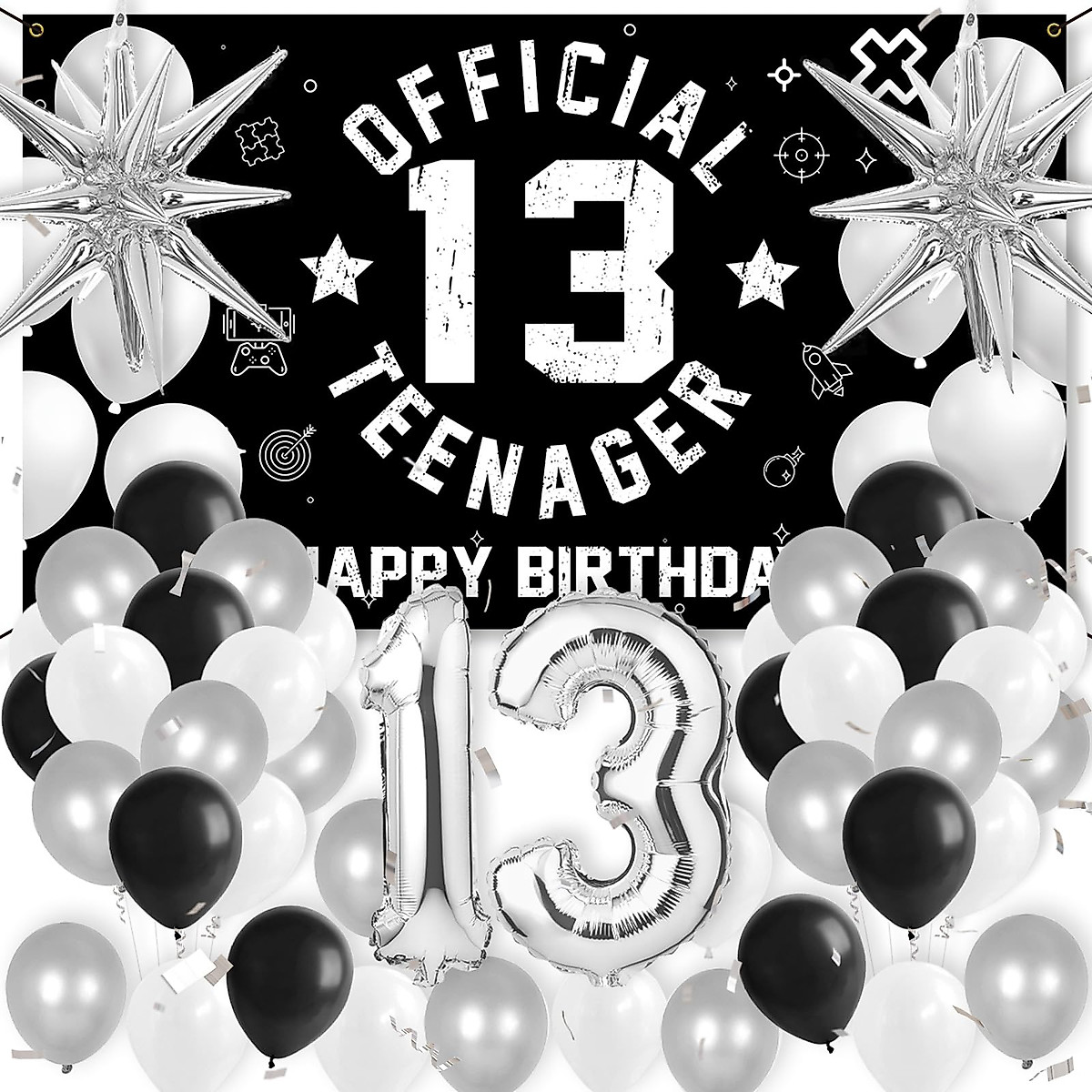 HTDZZI 13th Birthday Decoration Kit for Boys, Official Teenager 13 Birthday Party Backdrop Banner, Number 13 Balloons, Explosion Star Balloons, 13th Birthday Photo Props Decor, Black White