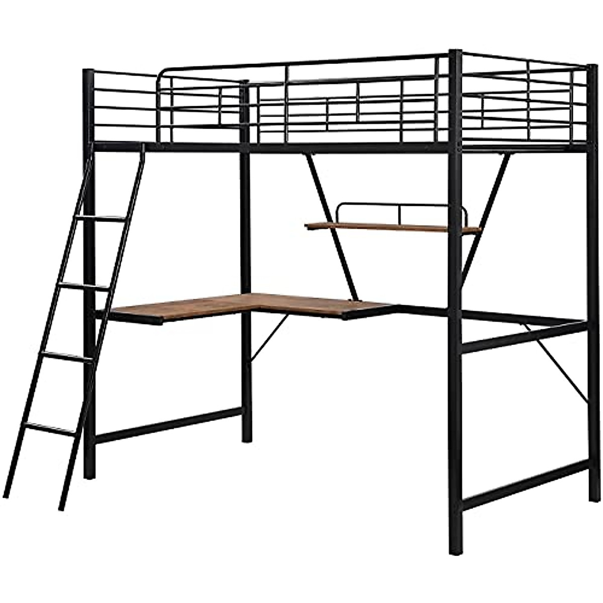 STP-Y Bunk Bed, Black, Alloy Loft Bed with L-Shaped Desk and Shelf Made of Heavy-Duty Steel. Perdurable. Need to Assemble The Mattress. Recommended 6"-8"