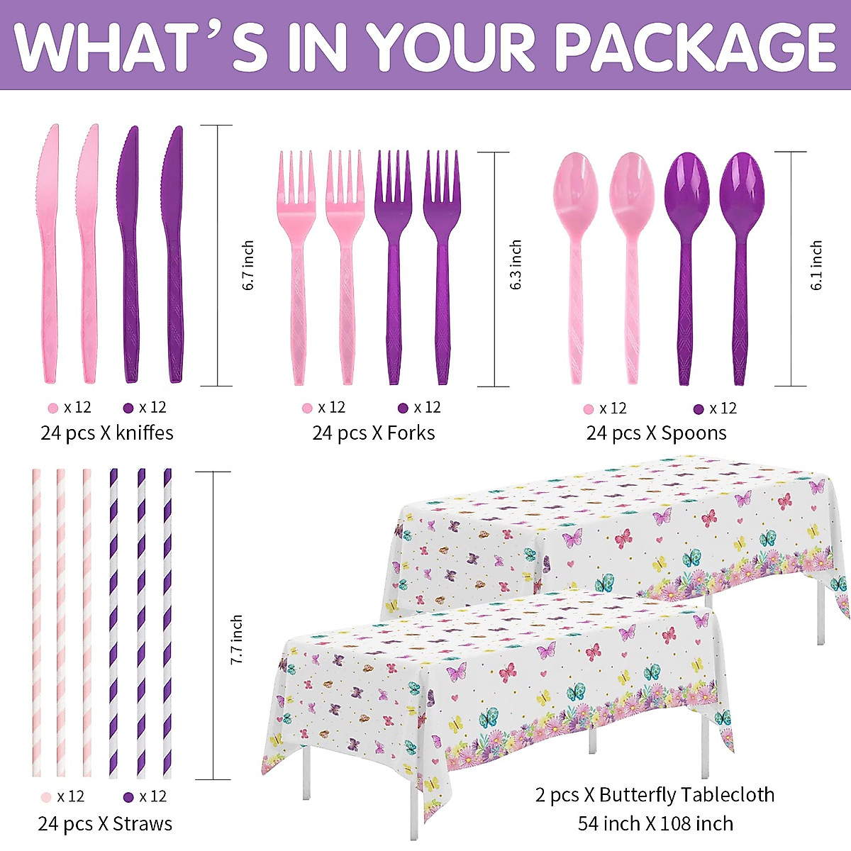 Xigejob Butterfly Party Decorations Tableware - Butterfly Birthday Party Supplies Include Plate, Cup, Napkin, Tablecloth, Cutlery, Straws, Butterfly Baby Shower Birthday Party Decorations | Serve 24