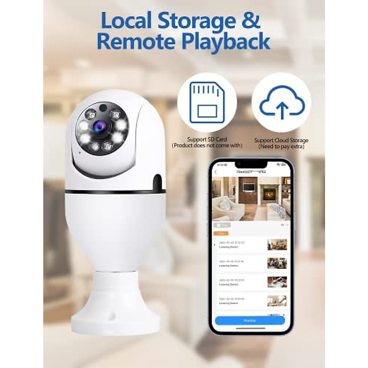 METRICSQUARE Light Bulb Security Camera Home Wireless WiFi Camera 360°PTZ Surveillance Camera Baby Monitor Nanny Cam Pet Camera Video Recording with Audio Remote Control with Phone APP