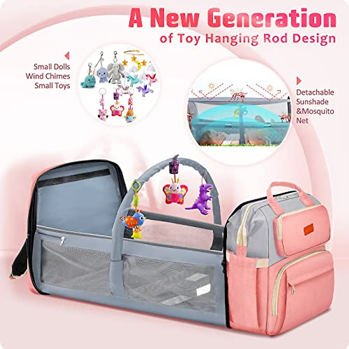 Bubblbay Pink Diaper Bag Backpack, 16 Large Pockets Multifunctional Portable Baby Travel Bags for Boys Girls, 900D Waterproof Baby Diaper Bag
