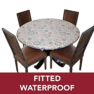 Covers For The Home Elastic Edged Flannel Backed Vinyl Fitted Table Cover - Multi-Color Geometric Pattern - Large Round - Fits Tables up to 45″ - 56” Diameter