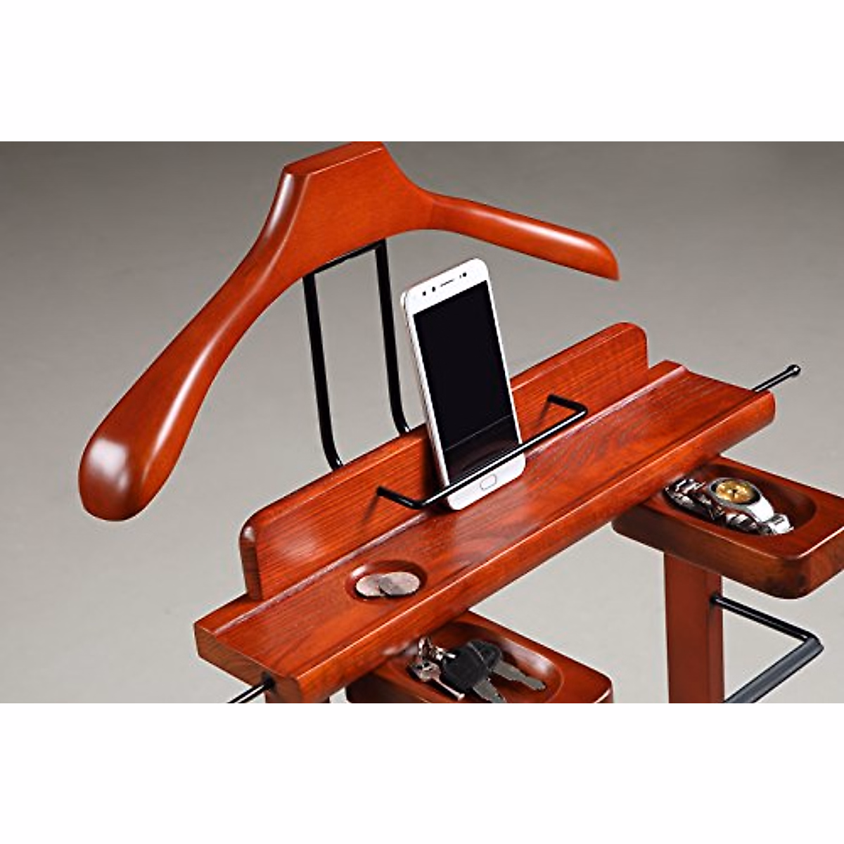 Proman Products Deluxe Suit Valet Stand VL36204 with Top Tray, Slide Out Tray, Contour Hanger, Trouser Bar, Tie & Belt Hooks and Shoe Rack, 17" W x 13" D x 41" H, Dark Cherry