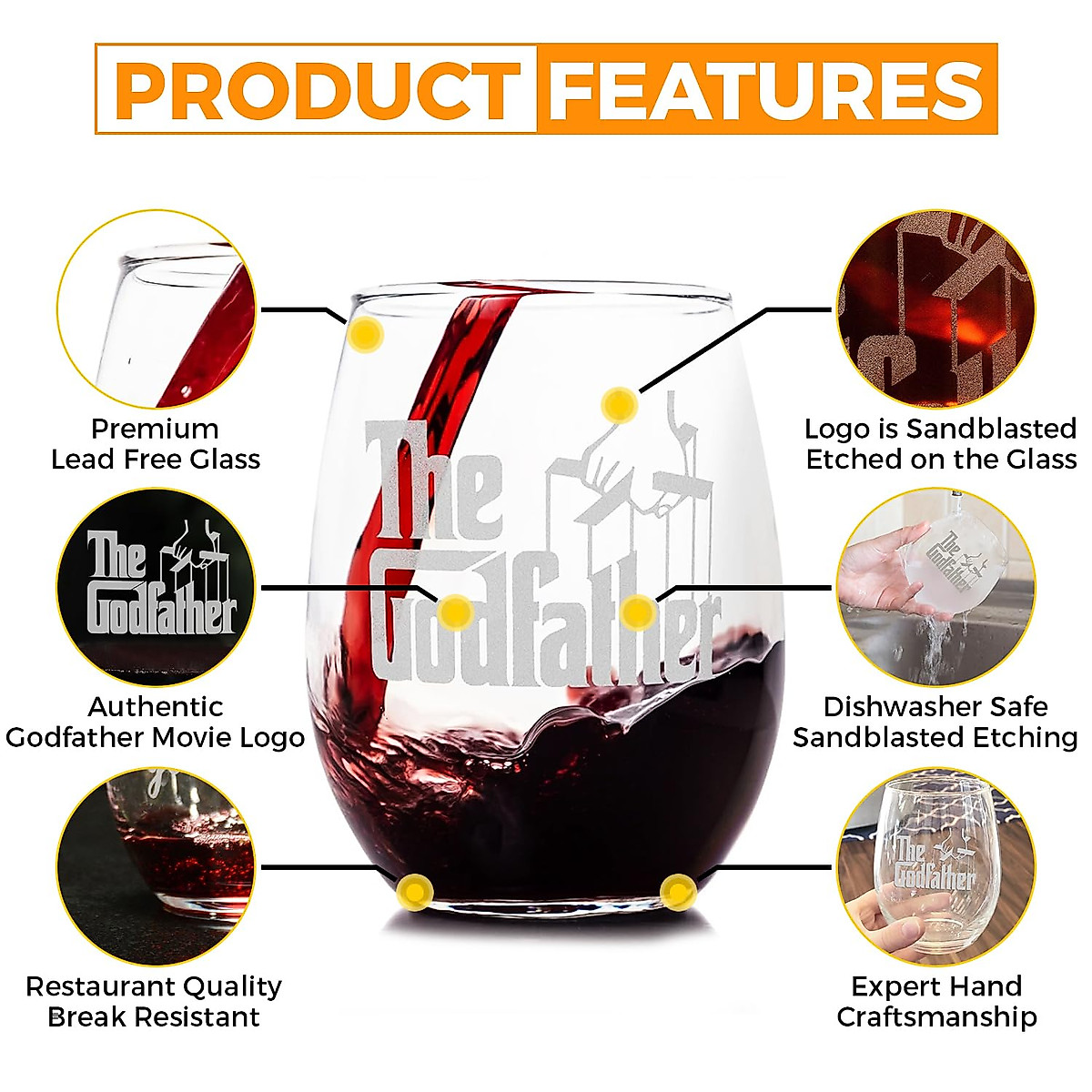 The Godfather & Godmother Etched Stemless Wine Glass Set - Premium Quality Licensed, Handcrafted Glassware - A Perfect Collectible Gift for Godparents, Movie Lovers & Special Occasions