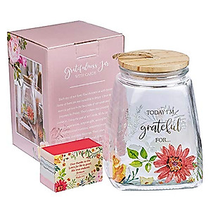 Christian Art Gifts Keepsake Count Your Blessings Glass Gratitude Jar Set with Bible Verse Note Cards - Today I'm Grateful For, Floral Orange Daisy