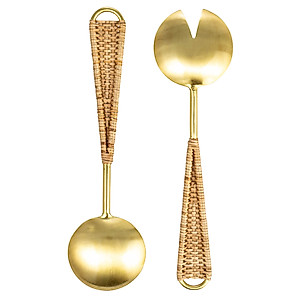 Bloomingville Scandinavian Stainless Steel Rattan Wrapped Handles in Printed Drawstring Bag, Gold and Natural Salad Server