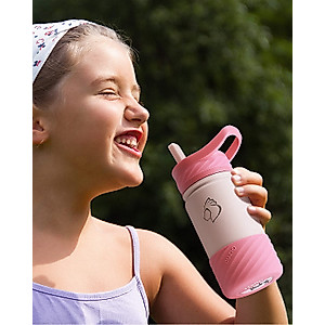BUZIO 14oz Kids Water Bottle Stainless Steel Insulated Metal Water Bottles with Straw for Toddlers, BPA-Free Double Wall Water Flask Leak Proof Tumbler for School Boys Girls with Stickers, pink