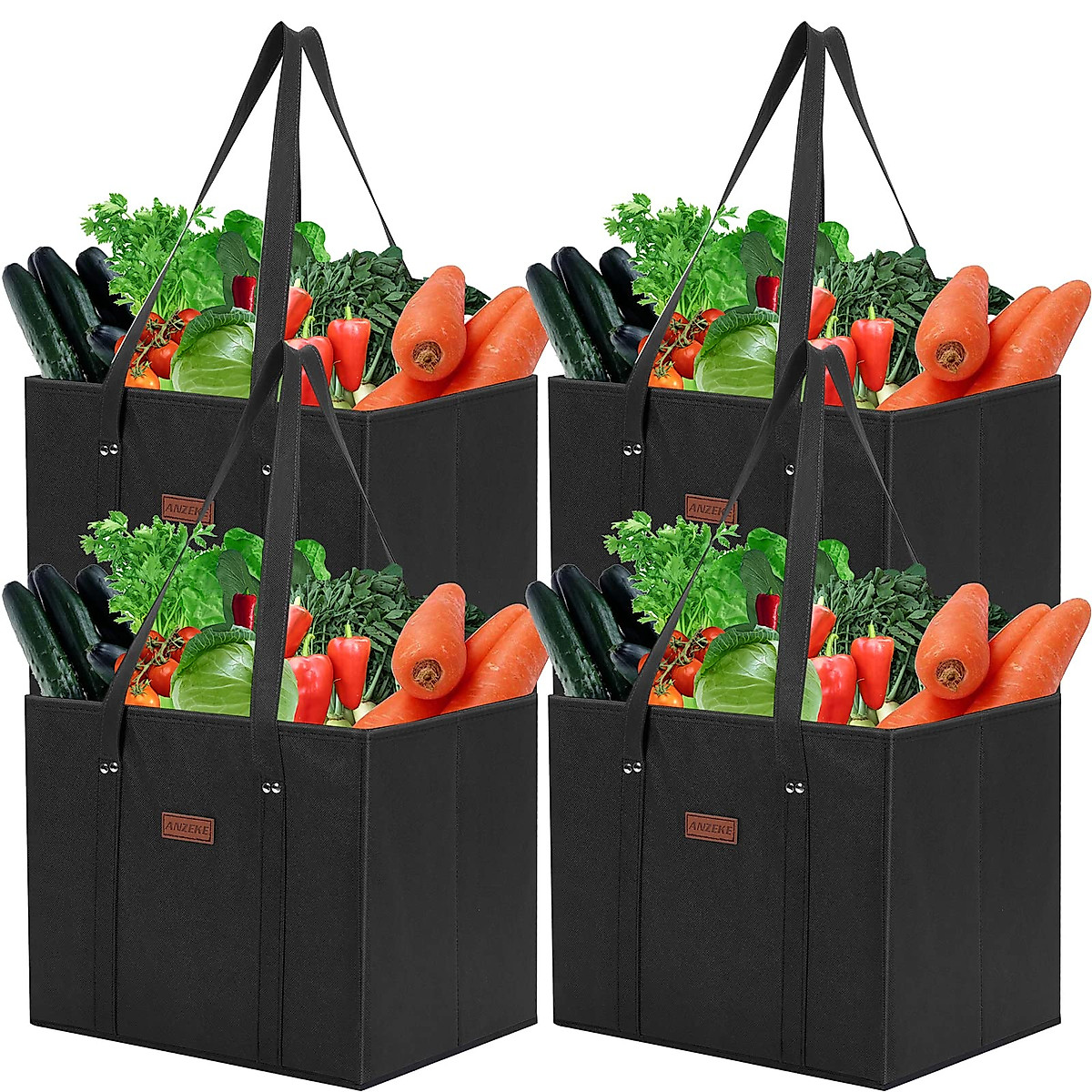 ANZEKE 4 Pack Reusable Grocery Bags Shopping Bag with Reinforced Bottom and Handles,Collapsible, Durable and Eco Friendly for Shopping,Groceries, Storage, Picnic, Beach, Pool, Laundry (Black)