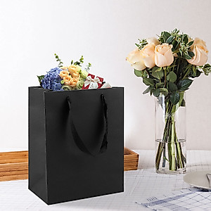 QIELSER 24 pcs Kraft Gift Bags Bulk Small Size 6.3x3.2x8.5 Inches, Black Kraft Paper Shopping Bags with Ribbon Handles, Party Favor Bags, Shopping Bags, Retail Bags, Wedding Bags