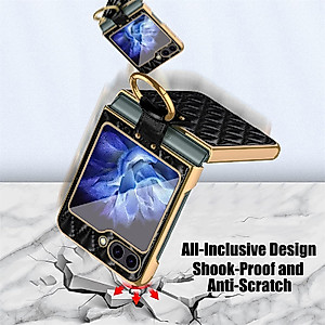 Soyeacrg Case for Samsung Galaxy Z Flip 5, Luxury Gold Plated Frame Quilted Leather Ultra Thin Folding Women Case with Ring Holder Camera Lens Protection Film for Samsung Z Flip 5 2023,Purple