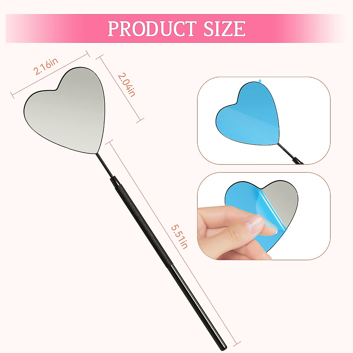 Buqikma Large Lash Mirror for Eyelash Extension Detachable Heart Shape Eyelash Mirror 45°Angle Design Hand Mirror Stainless Steel Eyelash Makeup Mirror lash Extension Supplies(Black)