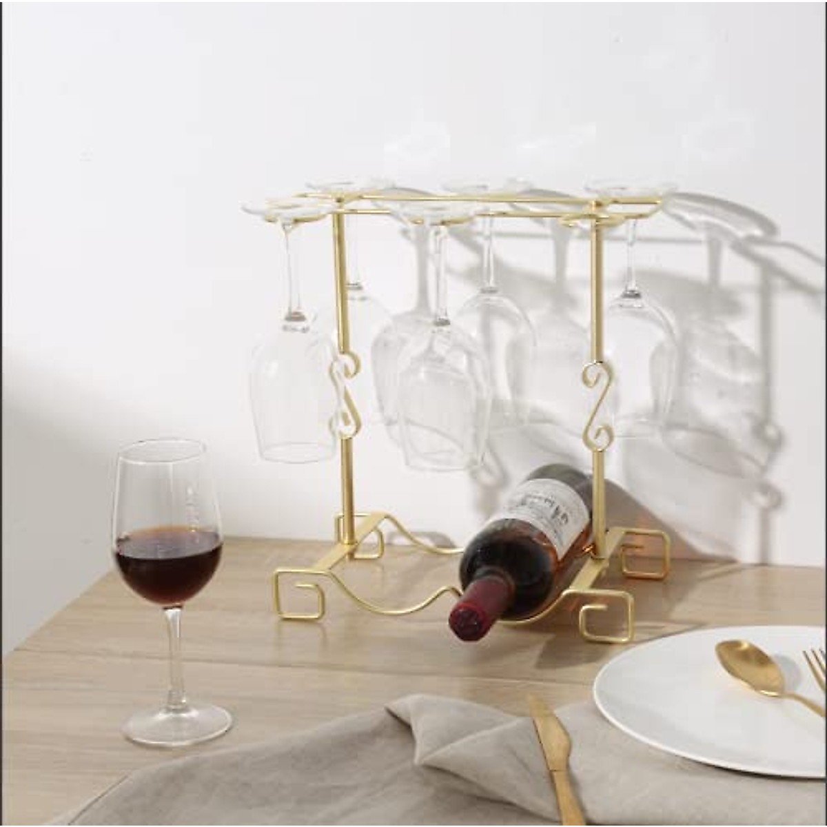Homya Wine Glass Holder, Freestanding Table Top Goblets Metal Storage Rack for 2 Bottles with 6 Hooks Kitchen Glass Accessories, Gold