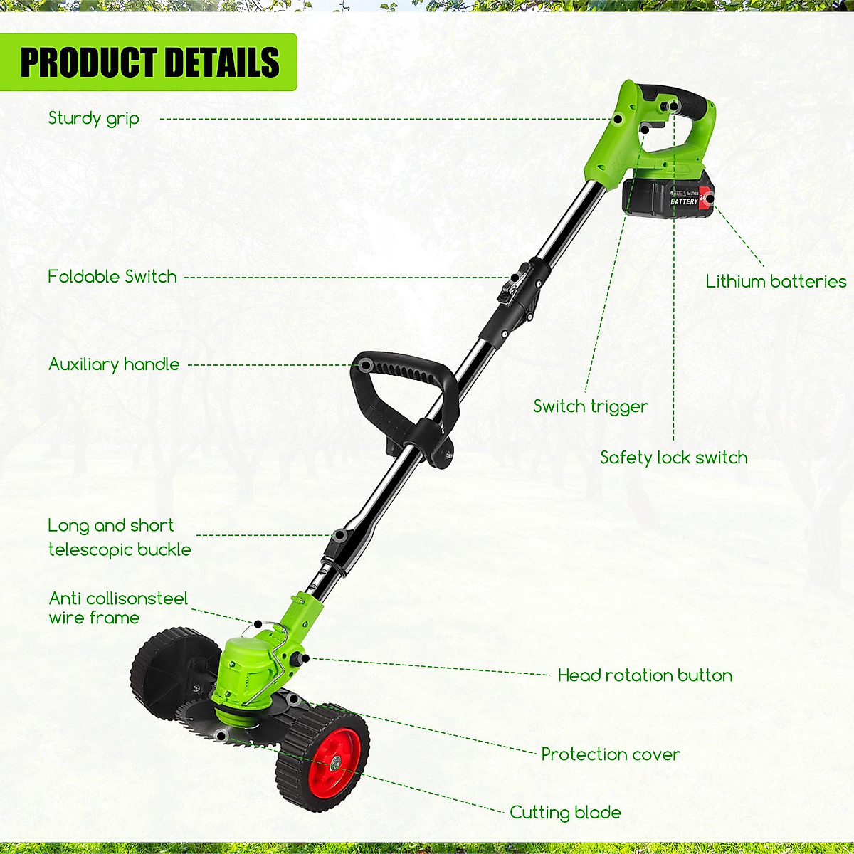 Foldable Brush Cutter Cordless Weed Wacker Electric Weed Eater Edgers with 2 Large Capacity Batteries &13 Blades, Professional Waterproof Weedeaters Battery Operated Grass Timmer for Lawn Garden Yard