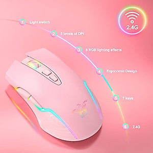 SIMGAL RGB Wireless Gaming Mouse, Pink, Rechargeable, Ergonomic Design, Adjustable DPI, Compatible with Windows, Mac
