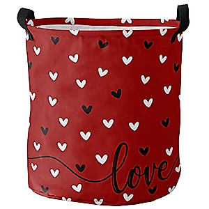 Laundry Baskets with Handles Love Heart Valentine's Day Waterproof Freestanding Laundry Hamper, Round Collapsible Hampers for Bedroom, Laundry, Clothes, Toys Red Black White 16.5x17inch