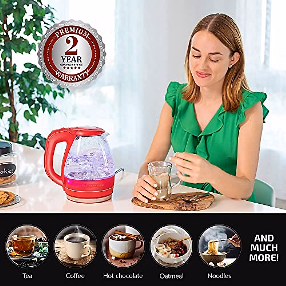 OVENTE Glass Electric Kettle Hot Water Boiler 1.5 Liter Borosilicate Glass Fast Boiling Countertop Heater - BPA Free Auto Shut Off Instant Water Heater Kettle for Coffee & Tea Maker - Red KG83R